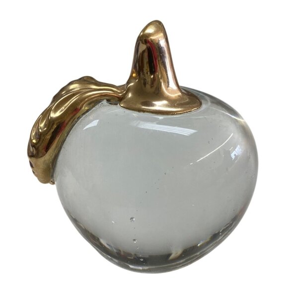 Accents | Gold Clear Glass Apple Paperweight With Metallic Leaf Design ...